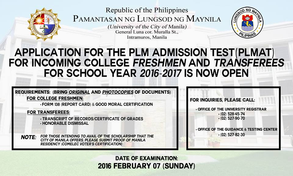 Pamantasan ng Lungsod ng Maynila entrance exam 2016 set for February 7 ...